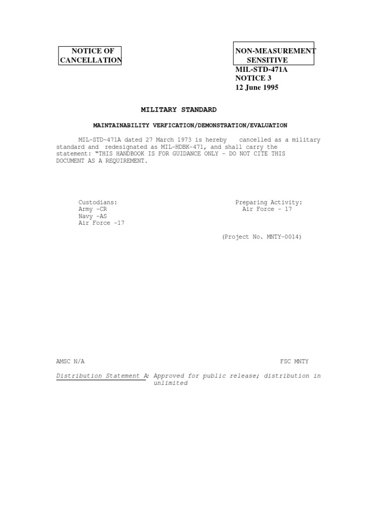 Notice of Non-Measurement Cancellation Sensitive MIL-STD-471A Notice 3 12 June 1995 | PDF