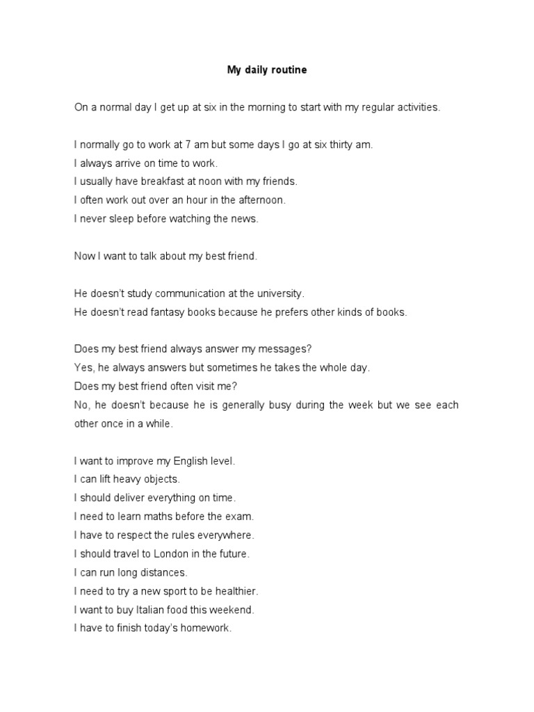My Daily Routine | PDF | Relaciones personales, crianza y desarrollo ...