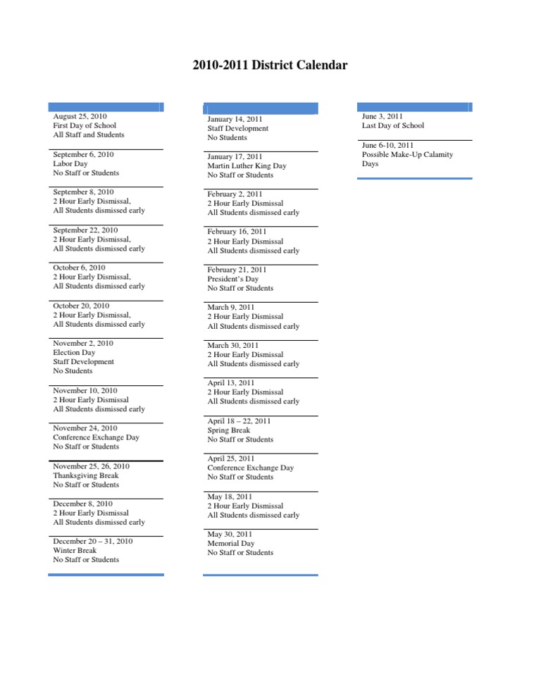2010-2011 School District Calendar | PDF
