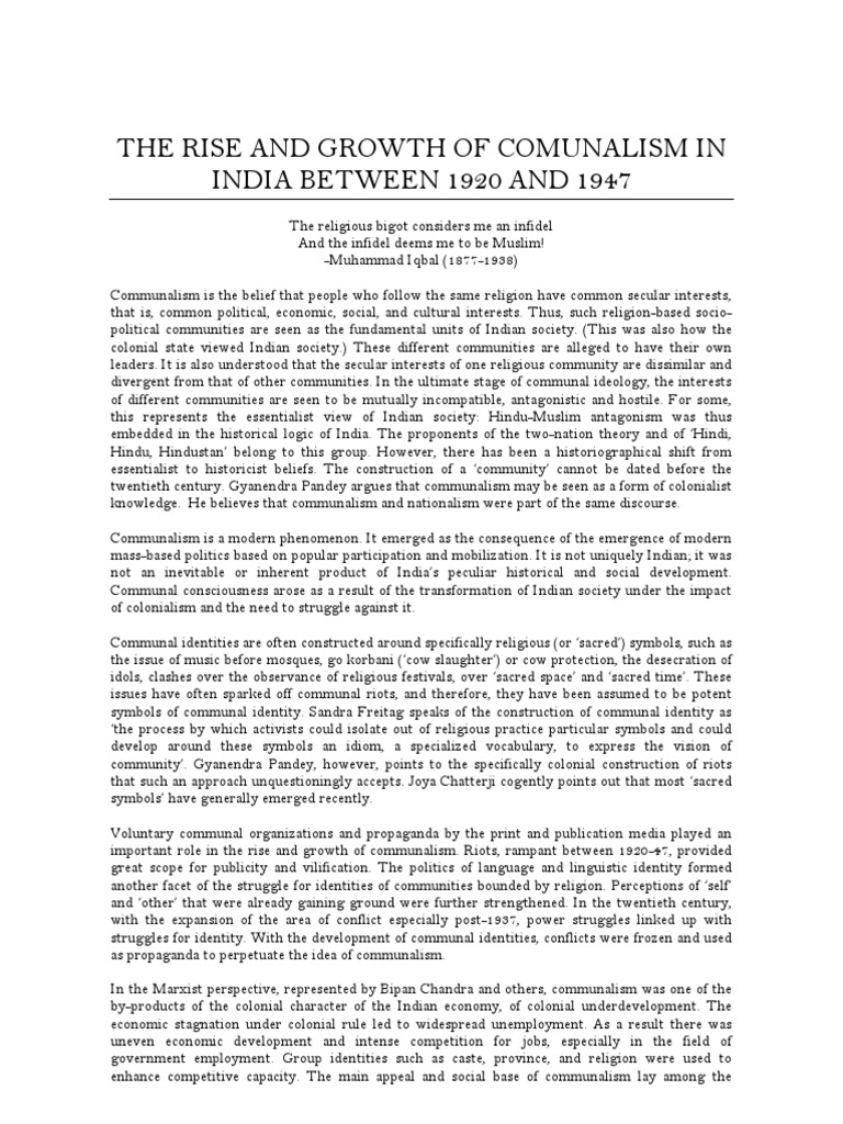 The Rise and Growth of Communalism in India Between 1920 and 1947: An ...