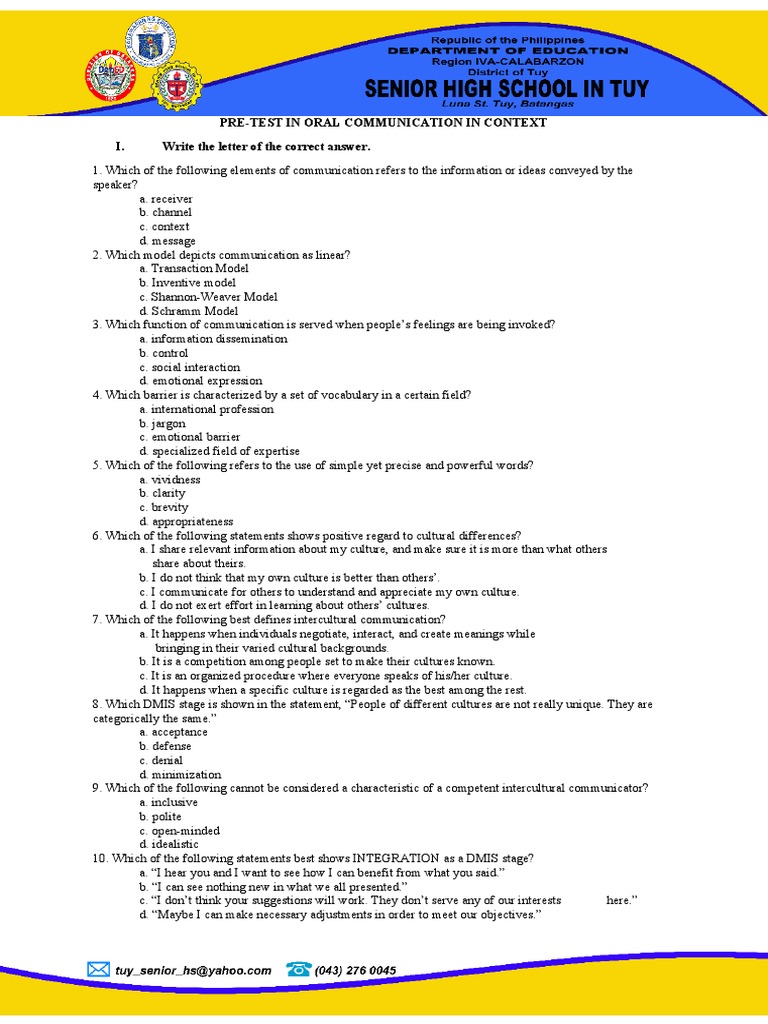 Oral Communication Pre-Test Questions | PDF | Speech | Jargon