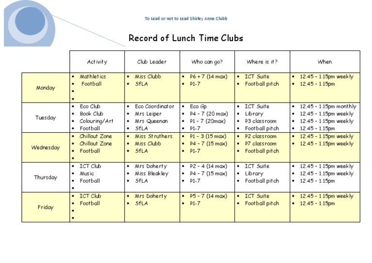 Record of Lunch Time Clubs | PDF