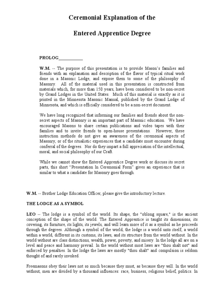 Ceremonial Explanation of The. Entered Apprentice Degree PDF | PDF ...