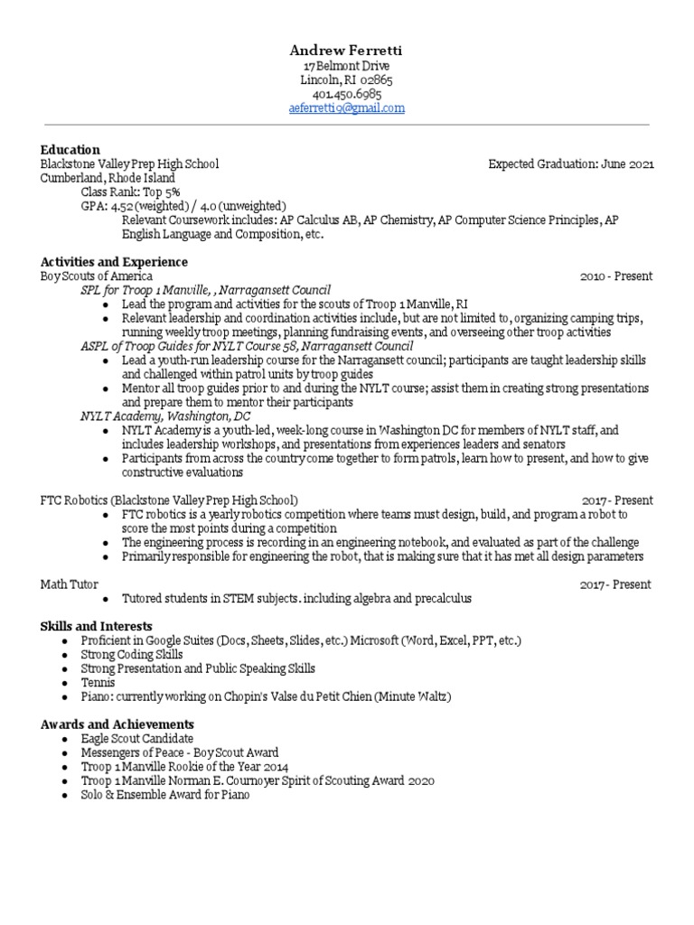 Ferretti Andrew 2020 Resume 1 | PDF | Learning