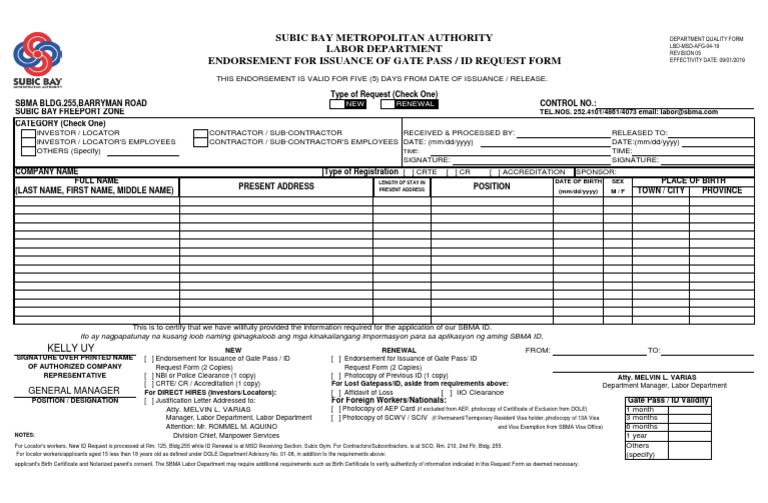 SBMA Gate Pass/ID Endorsement Form | PDF | Travel Visa | Document