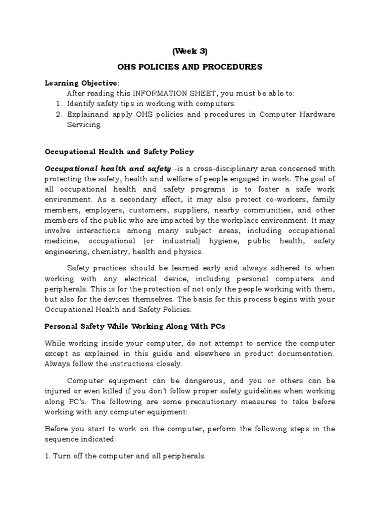 (Week 3) Ohs Policies and Procedures: Learning Objective | PDF | Personal Protective Equipment ...