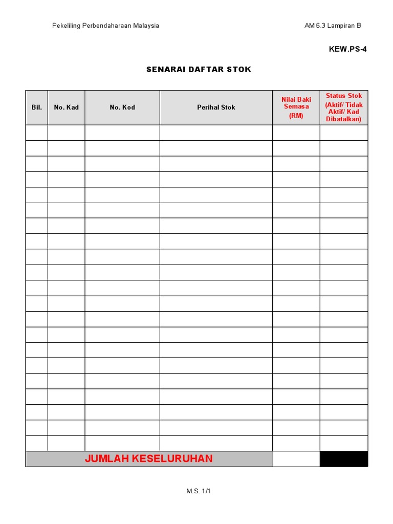 Kew - PS-4 Senarai Daftar Stok | PDF