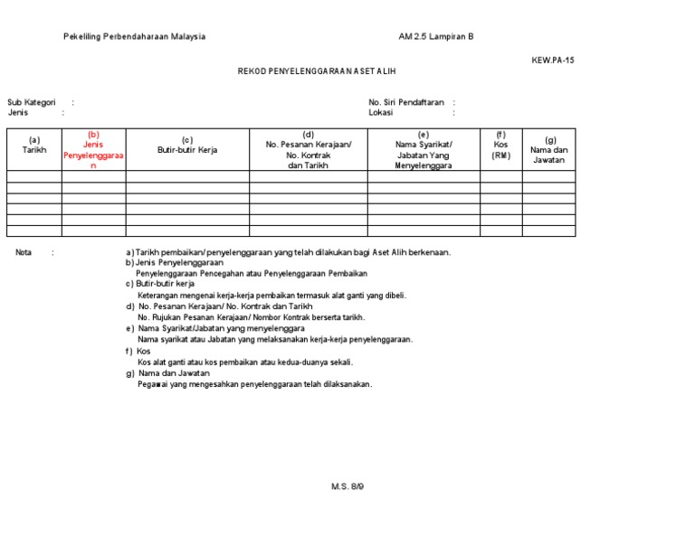 Rekod Penyelenggaraan Aset Alih KEW.PA-15 | PDF
