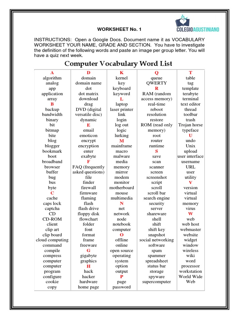 Vocabulary Worksheet Computer Terms Pdf Email Spam World Wide Web