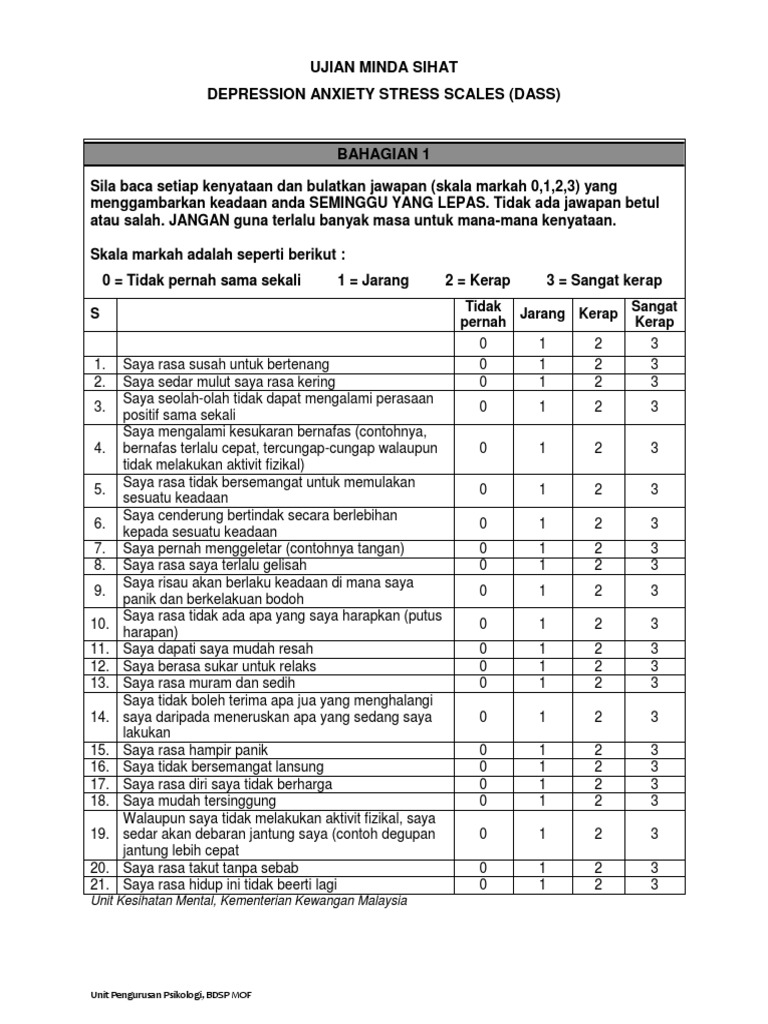 SARINGAN DASS (Minda Sihat) | PDF