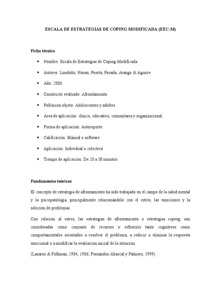 Escala de Estrategias de Coping EEC-M | PDF | Las emociones | Estrés ...