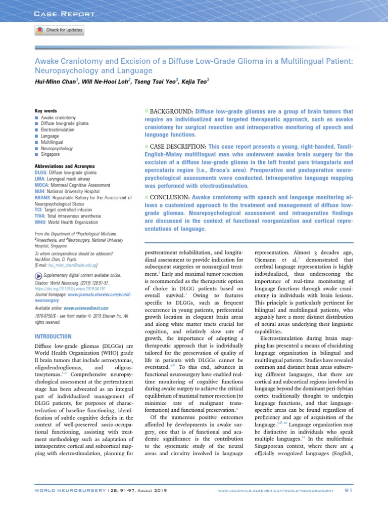 Awake Craniotomy and Excision of A Diffuse Low Grade Glioma in A Multilingual Patient | PDF ...