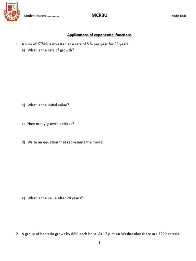 Exponential Functions Applications Worksheet | PDF