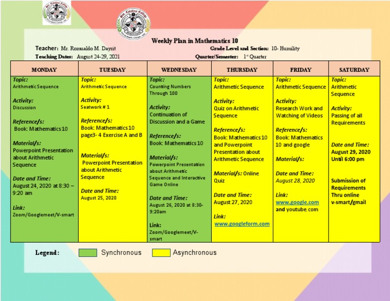 Weekly Plan For Math 1 HS | PDF | Learning | Science