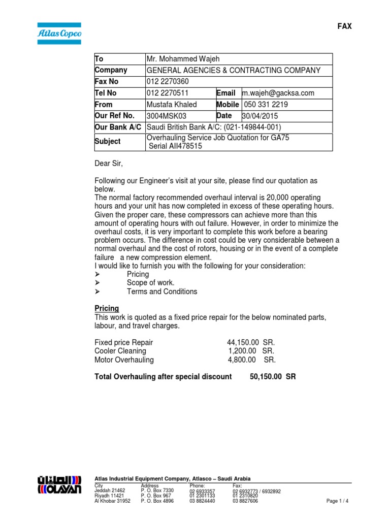 GA75 Compressor Overhaul Quotation | PDF | Bearing (Mechanical) | Valve
