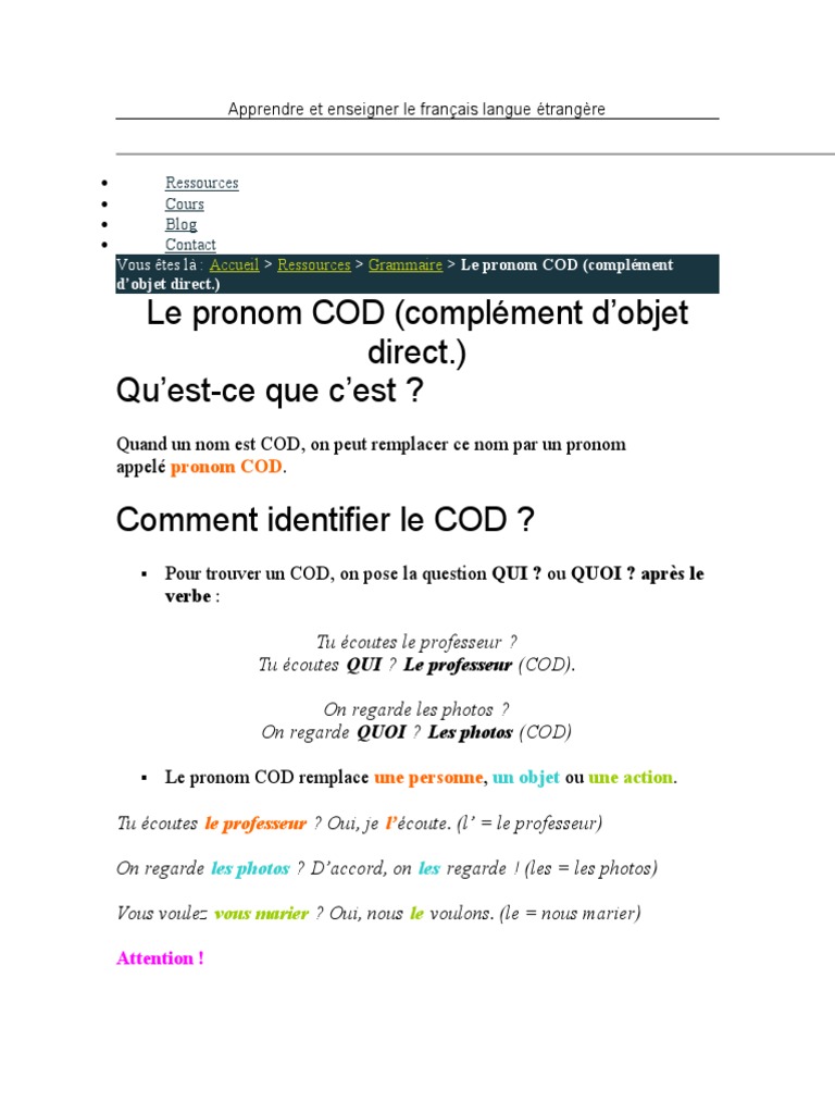 Comprendre le pronom COD en français | PDF | Genre grammatical | Pronom