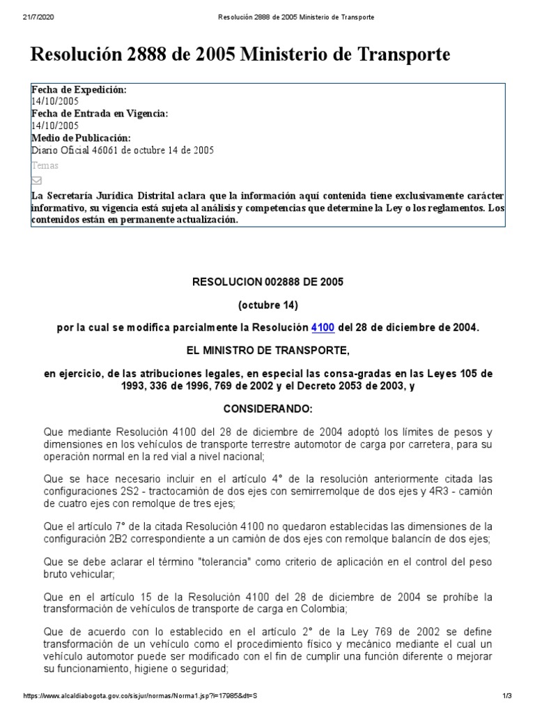 Resolución 2888 de 2005 Ministerio de Transporte | PDF | Camión ...