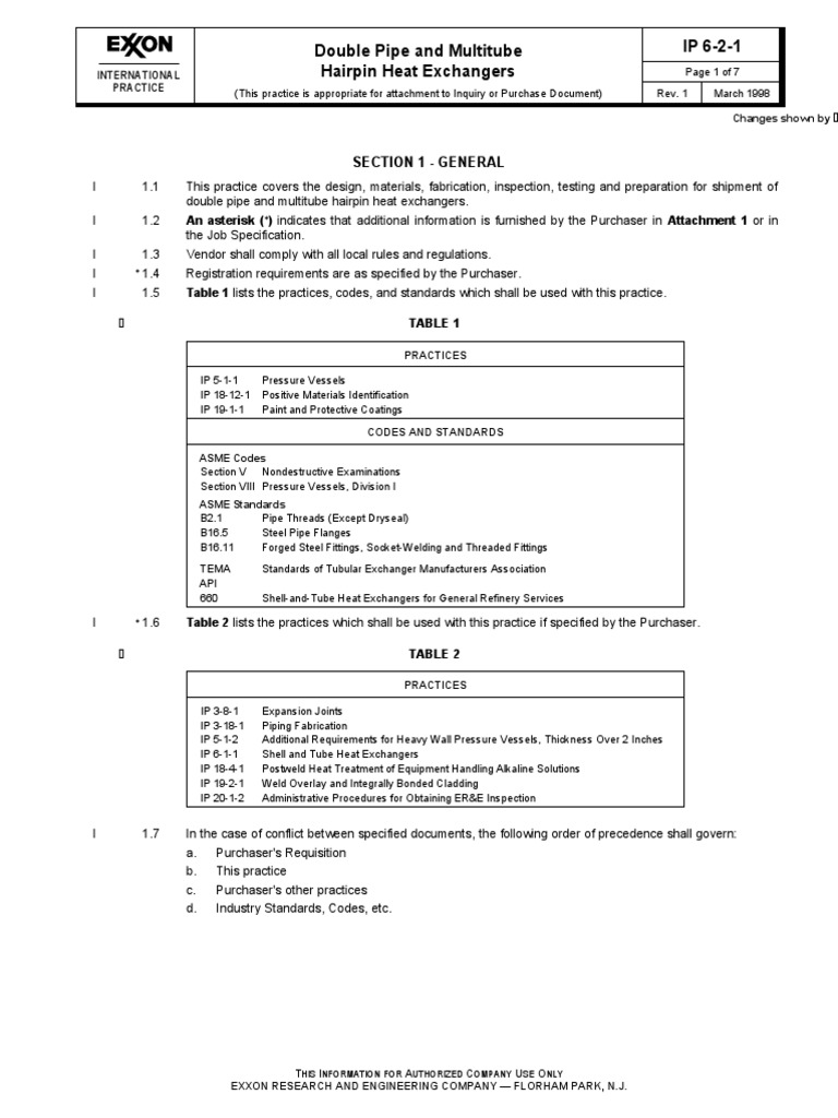 Double Pipe and Multitube IP 6-2-1 Hairpin Heat Exchangers: Section 1 ...