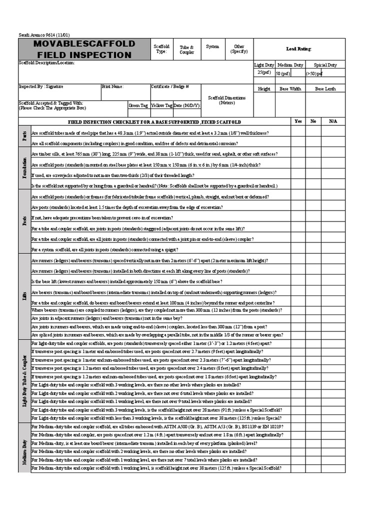 Saudi Aramco Field Checklist | PDF | Ladder | Scaffolding