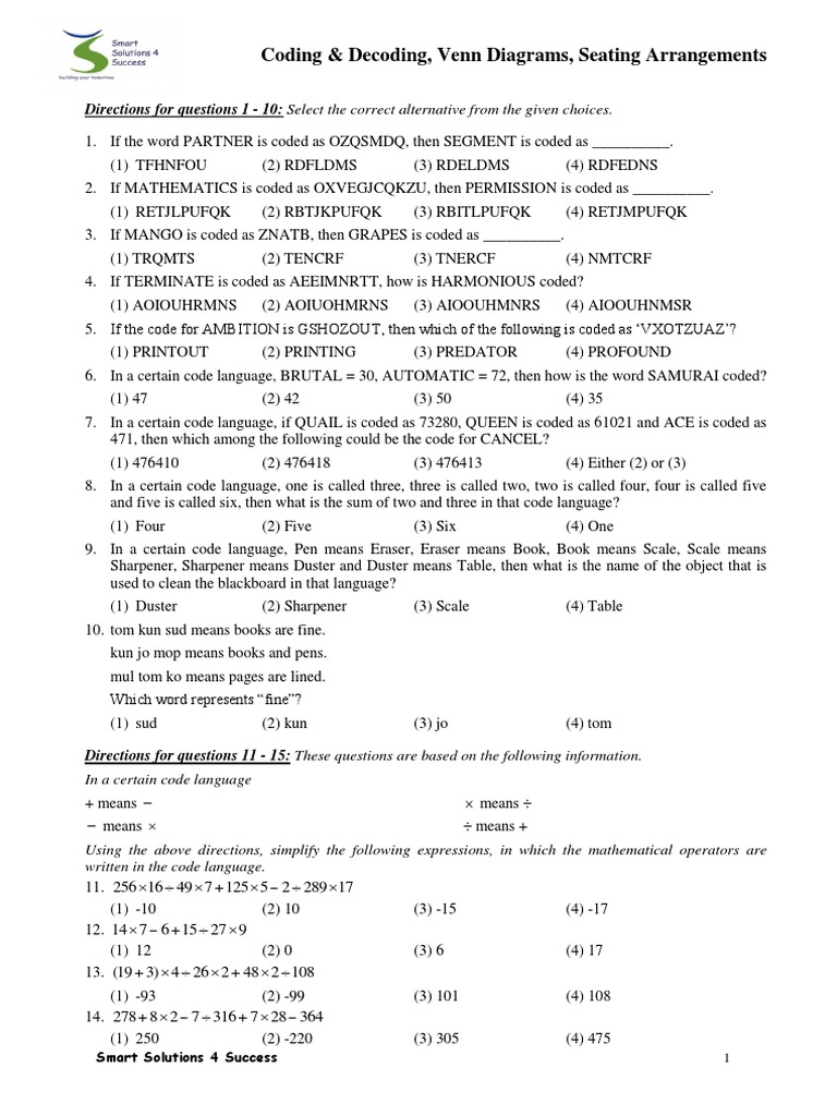 Unit - 2 Seating Arrangements, Coding & Decoding, Venn Diagrams | PDF