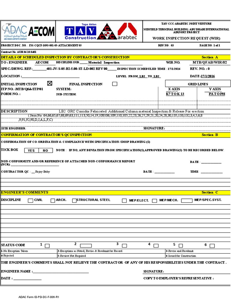 Work Inspection Request (Wir) : LB2 GRC Corridor Fabricated Additional ...