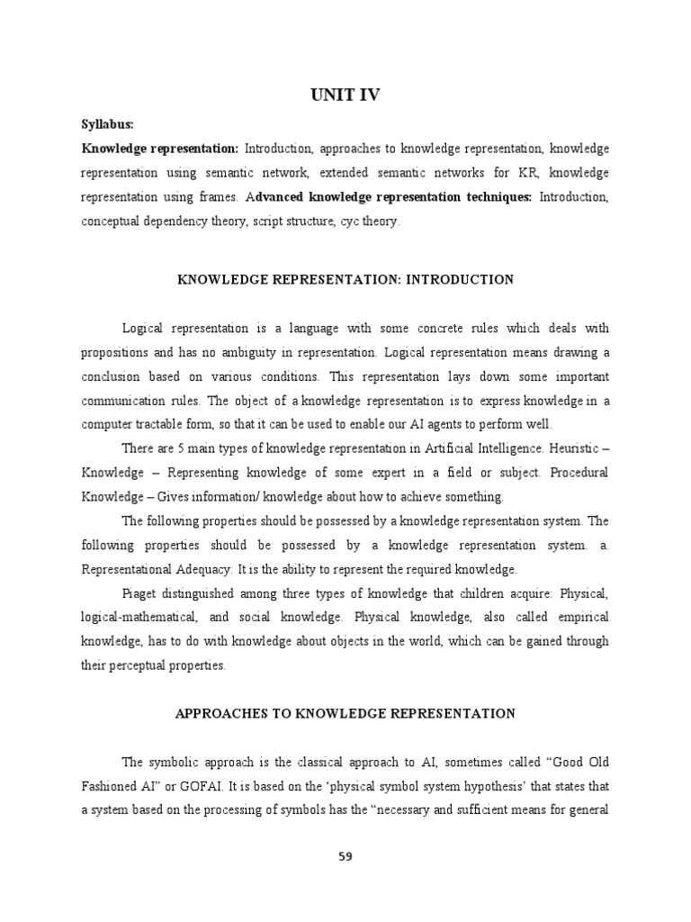 Unit Iv: Syllabus: Knowledge Representation: Introduction, Approaches To Knowledge ...