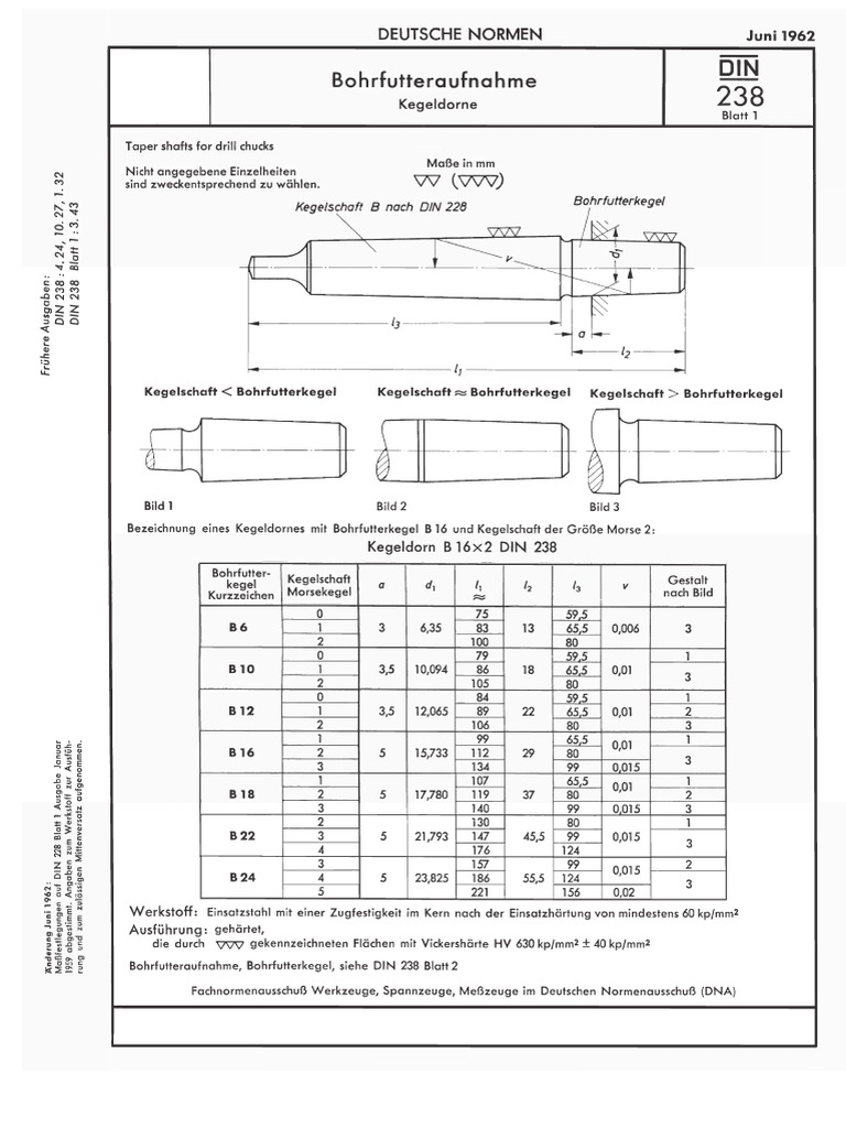 (DIN 238-1 - 1962-06) - Bohrfutteraufnahme Kegeldorne PDF | PDF