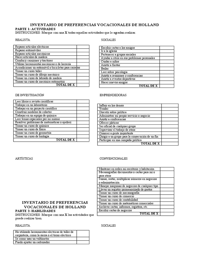 Test de Holland Inventario de Preferencias Vocacionales | PDF | Science ...