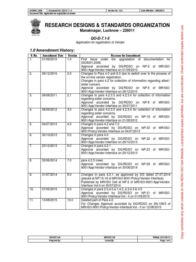Vendor Application For Registration of Vendor RDSO | PDF | Iso 9000 | Government