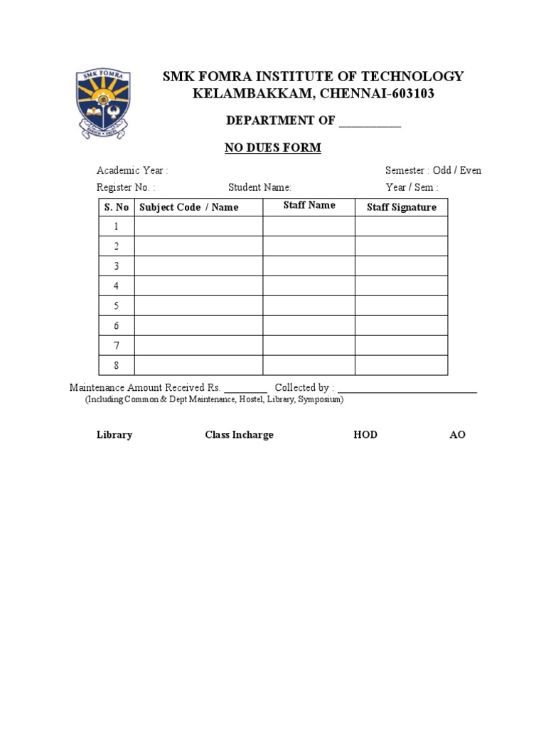 SMK FOMRA No Dues Form Template | PDF