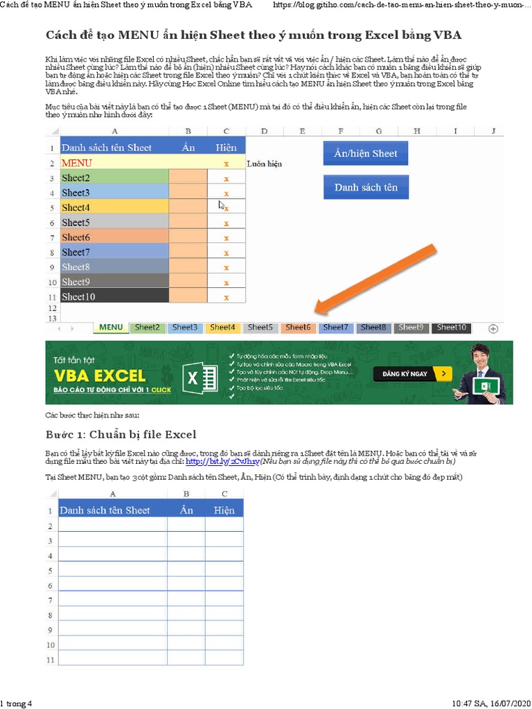 VBA Cách để tạo MENU ẩn hiện Sheet theo ý muốn trong Excel bằng VBA | PDF