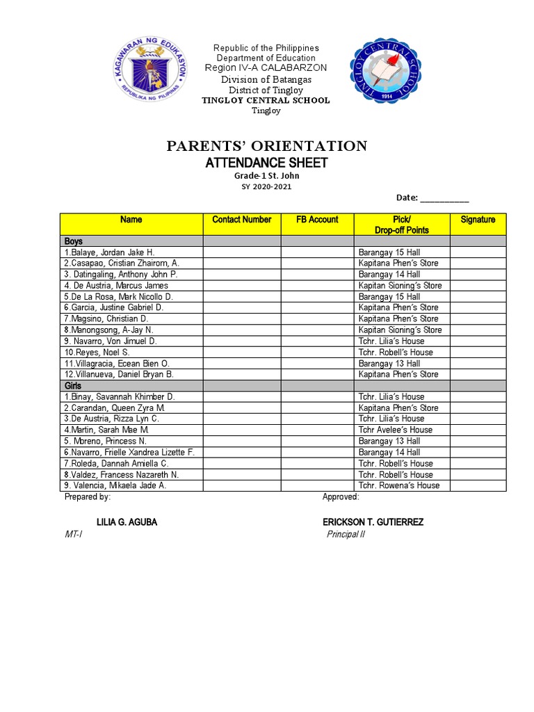 Parents' Orientation: Attendance Sheet | PDF