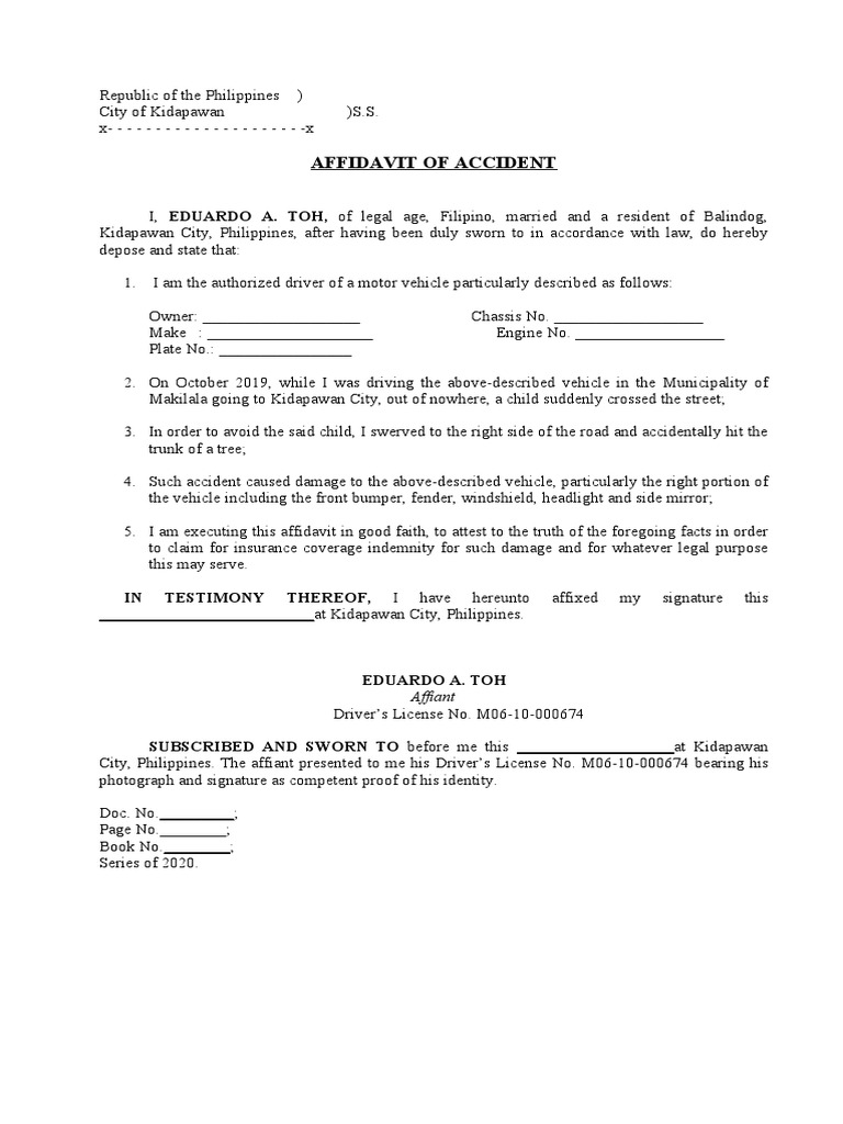 Kidapawan Accident Affidavit Template | PDF