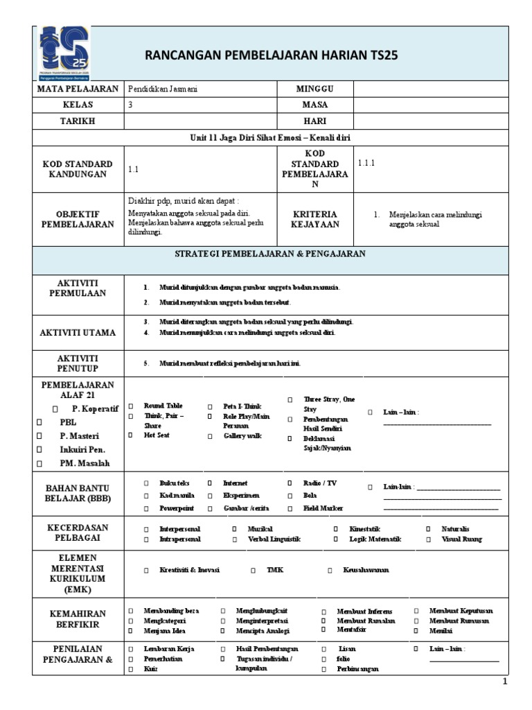 RPH PK Tahun 3 Unit 11 Jaga Diri Sihat Emosi | PDF