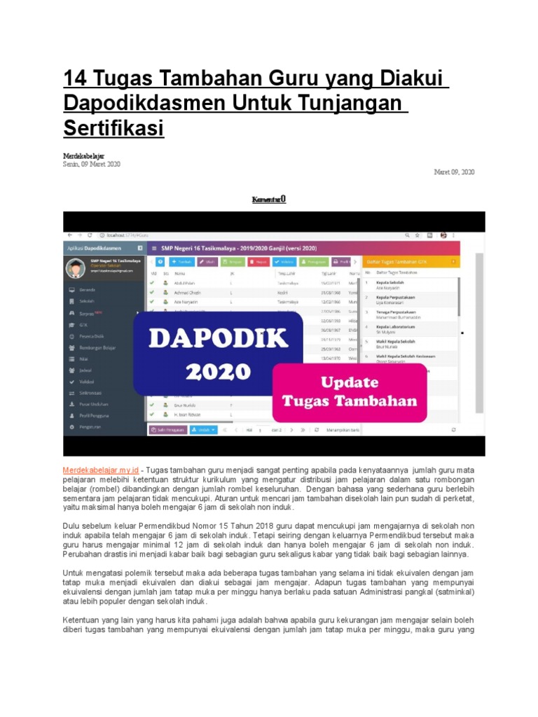 14 Tugas Tambahan Guru Yang Diakui Dapodikdasmen Untuk Tunjangan Sertifikasi | PDF