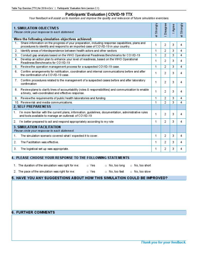 03 Covid 19 TTX Participants Feedback Form | PDF | World Health ...