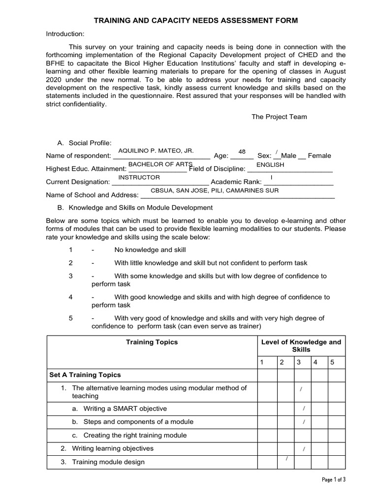 Training and Capacity Needs Assessment Form | PDF | Educational ...