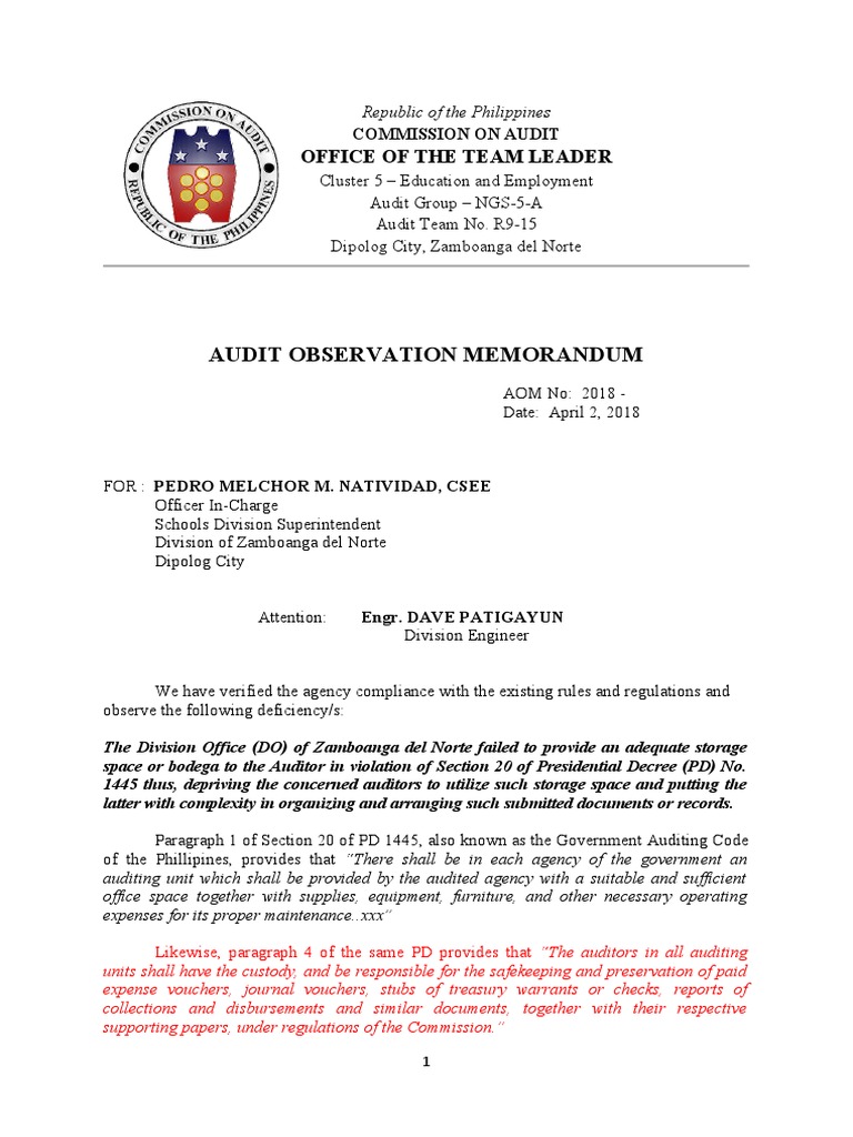 Audit Observation Memorandum: Office of The Team Leader | PDF | Audit ...