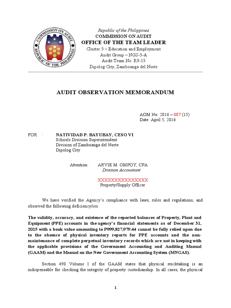 Audit Observation Memorandum: Office of The Team Leader | PDF ...
