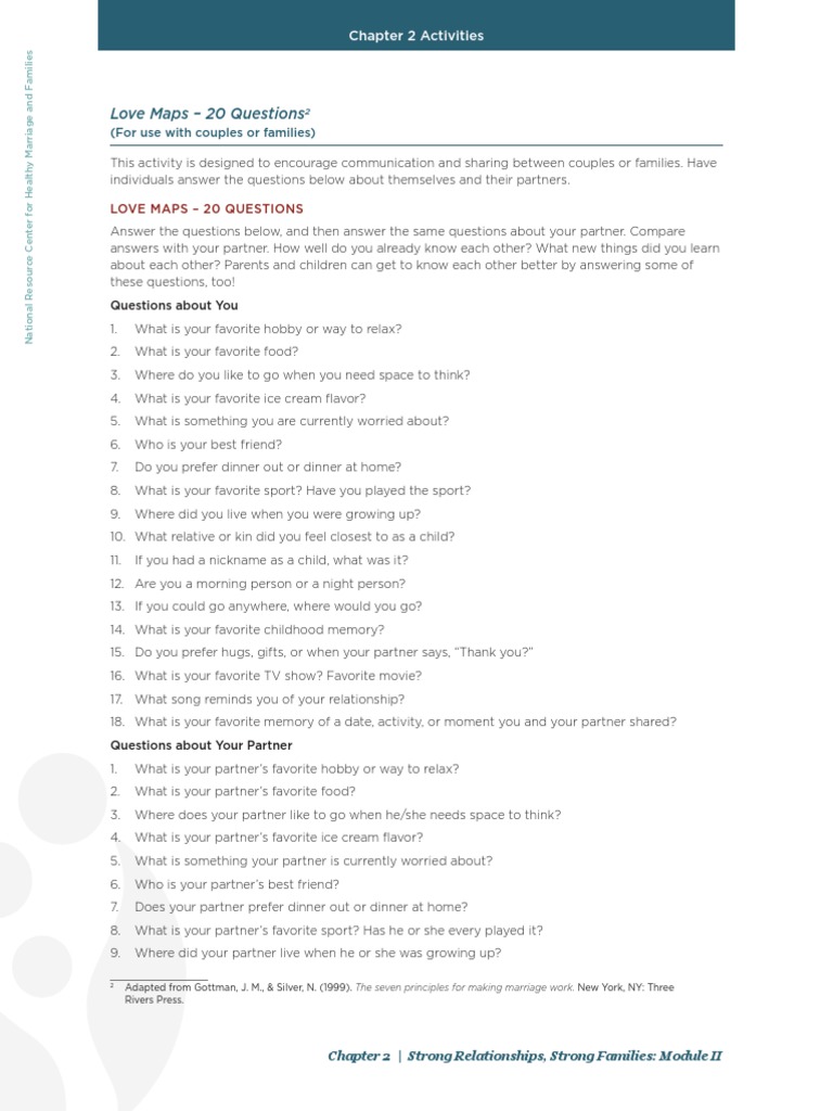 Love Maps - 20 Questions: (For Use With Couples or Families) | PDF ...