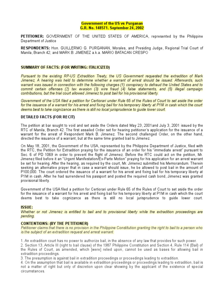 Extradition and Bail: US vs Jimenez | PDF | Bail | Extradition