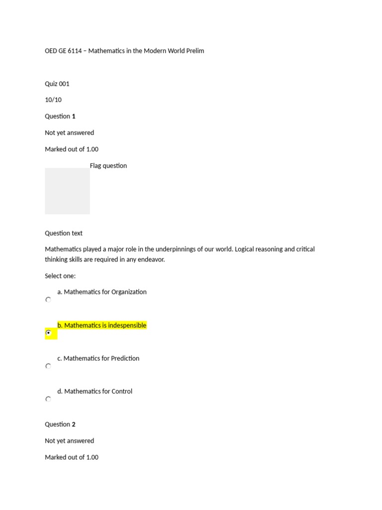 Mathematics in the Modern World Prelim Quiz 001: Examining the Role of Mathematics | PDF | Set ...