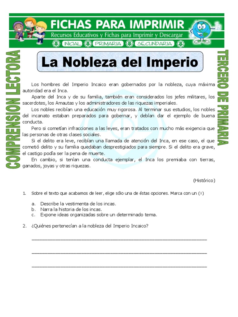 Ficha La Nobleza Del Imperio para Tercero de Primaria | PDF | Imperio Inca | Thriller y crimen