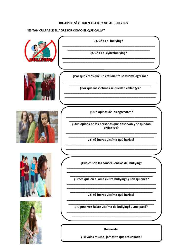 Hoja De Trabajo Sobre El Acoso Escolar PDF) Bullying E Cyberbullying: