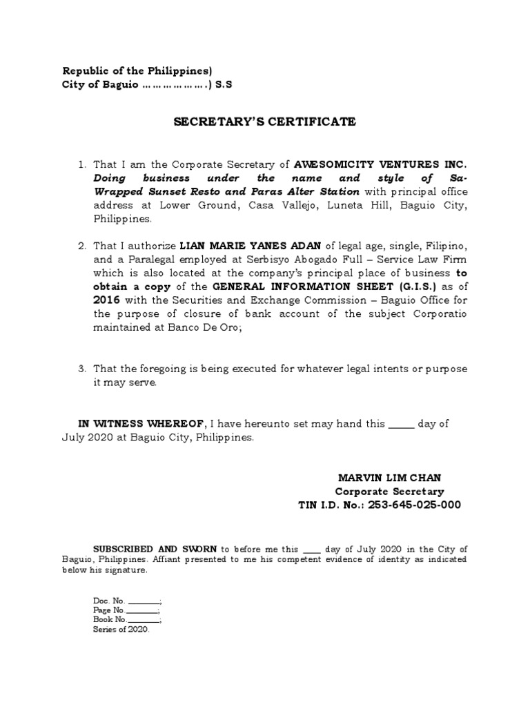 Secretary's Certificate Get GIS | PDF