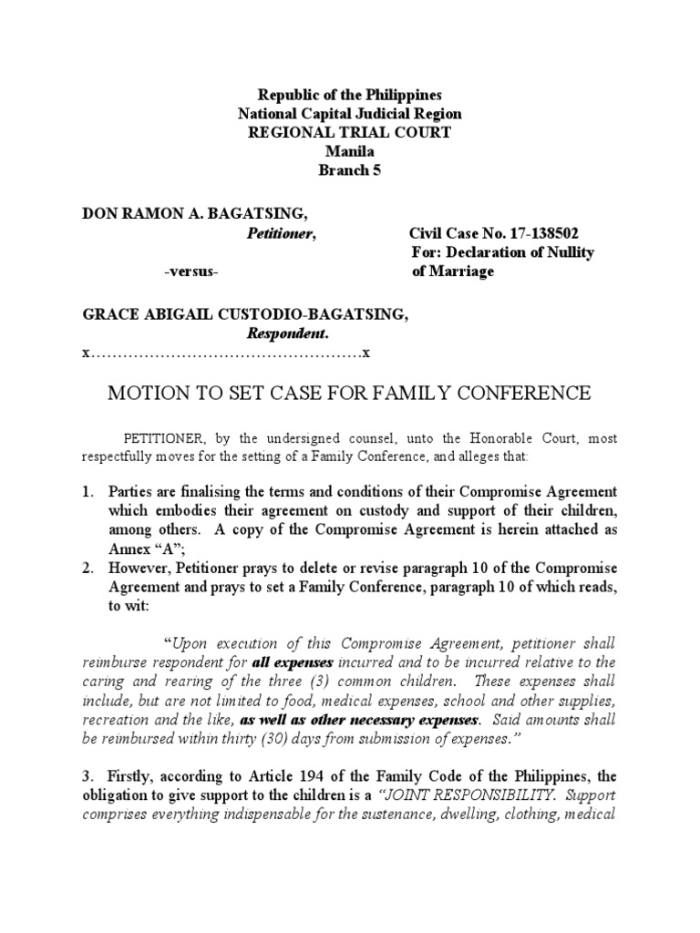 Motion To Set Case For Family Conference | PDF | Common Law | Government