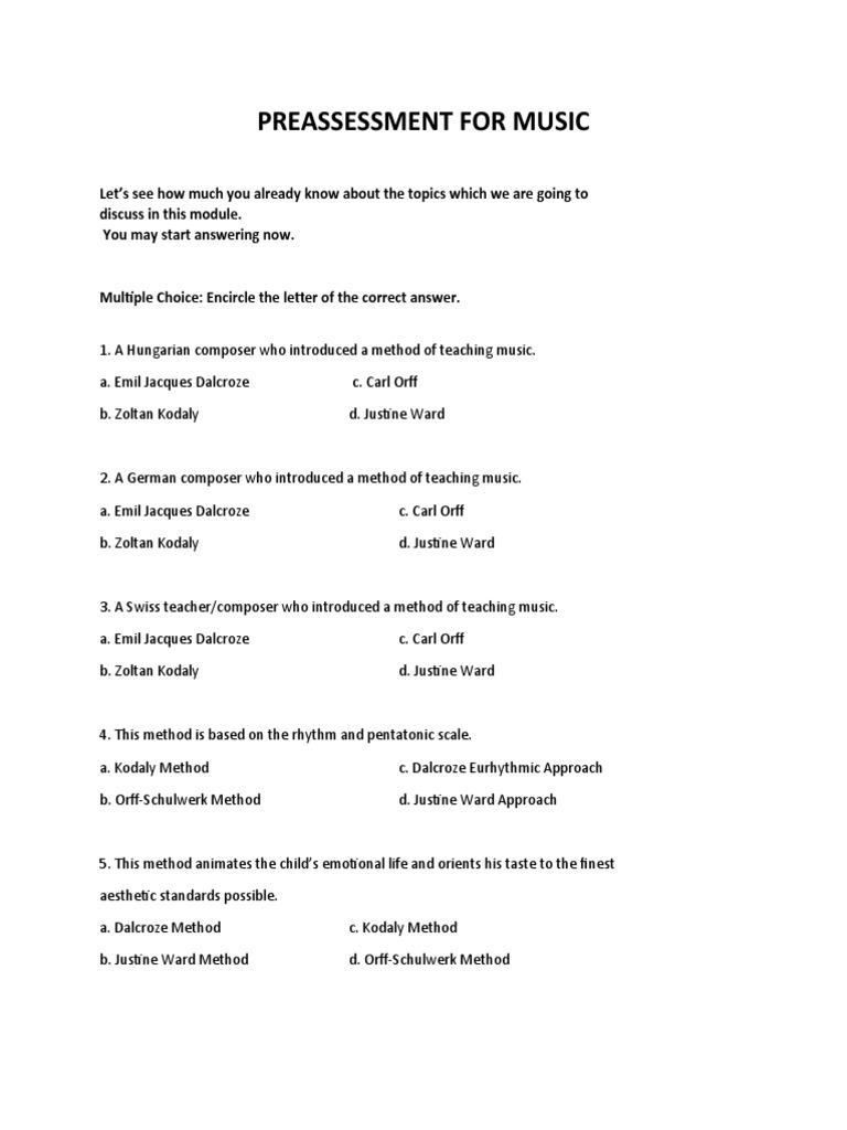 Music Pre Assessment | PDF