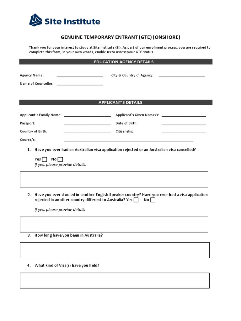 GTE Form (Onshore) | PDF | Career & Growth | Business