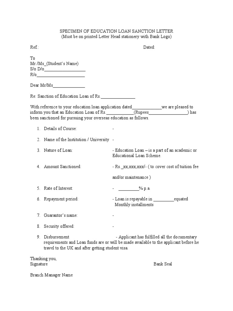 Specimen of Education Loan Sanction Letter | PDF