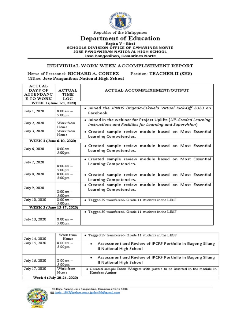 Department of Education: Individual Work Week Accomplishment Report ...